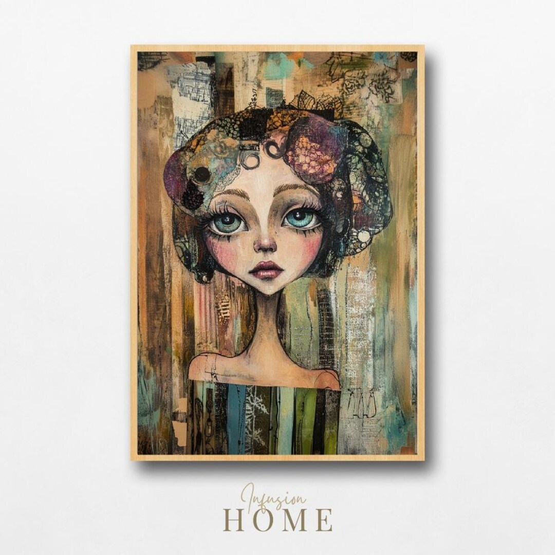 Woman Portrait in Whimsical Style Art Print, Calm Subdued Charming Lady ...