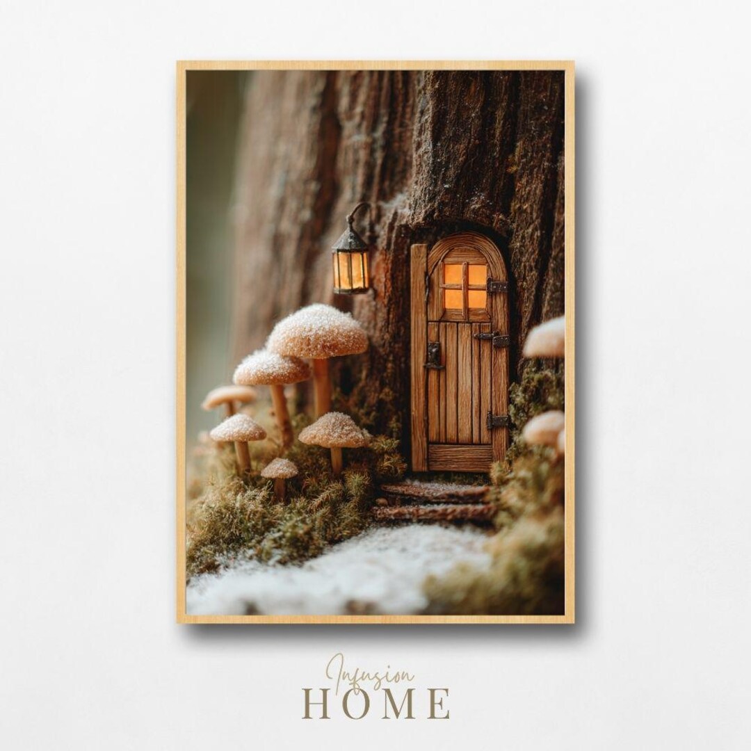 Woodland Tree Trunk Door With Lantern and Frosted Mushrooms Digital ...