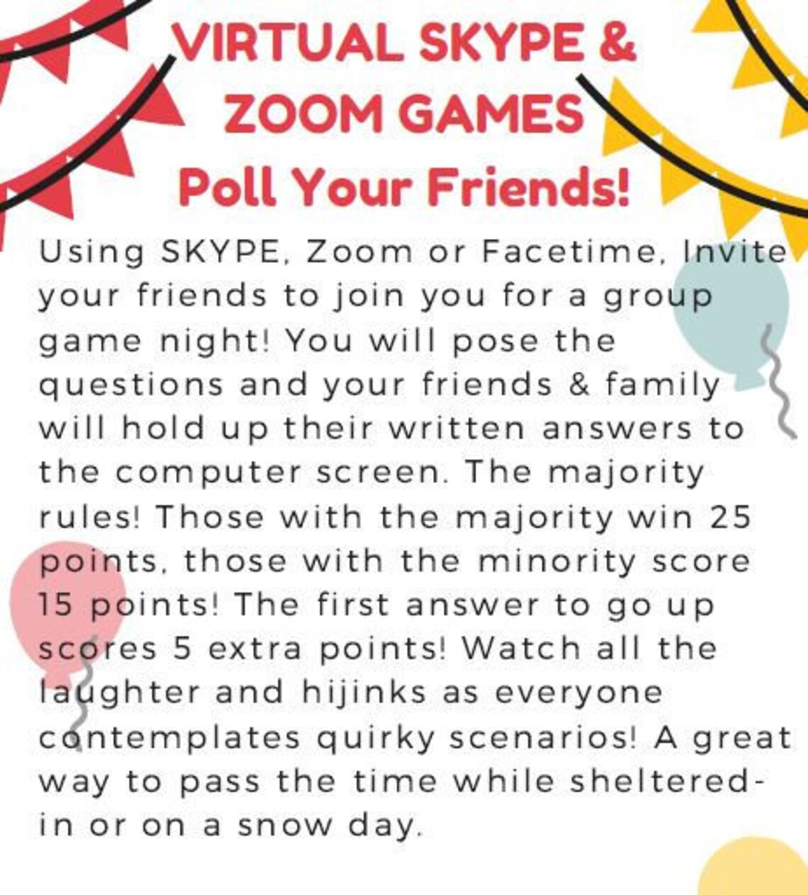 Indoor Game Night, Virtual Games, Skype & Zoom Indoor Games, Shelter-in ...