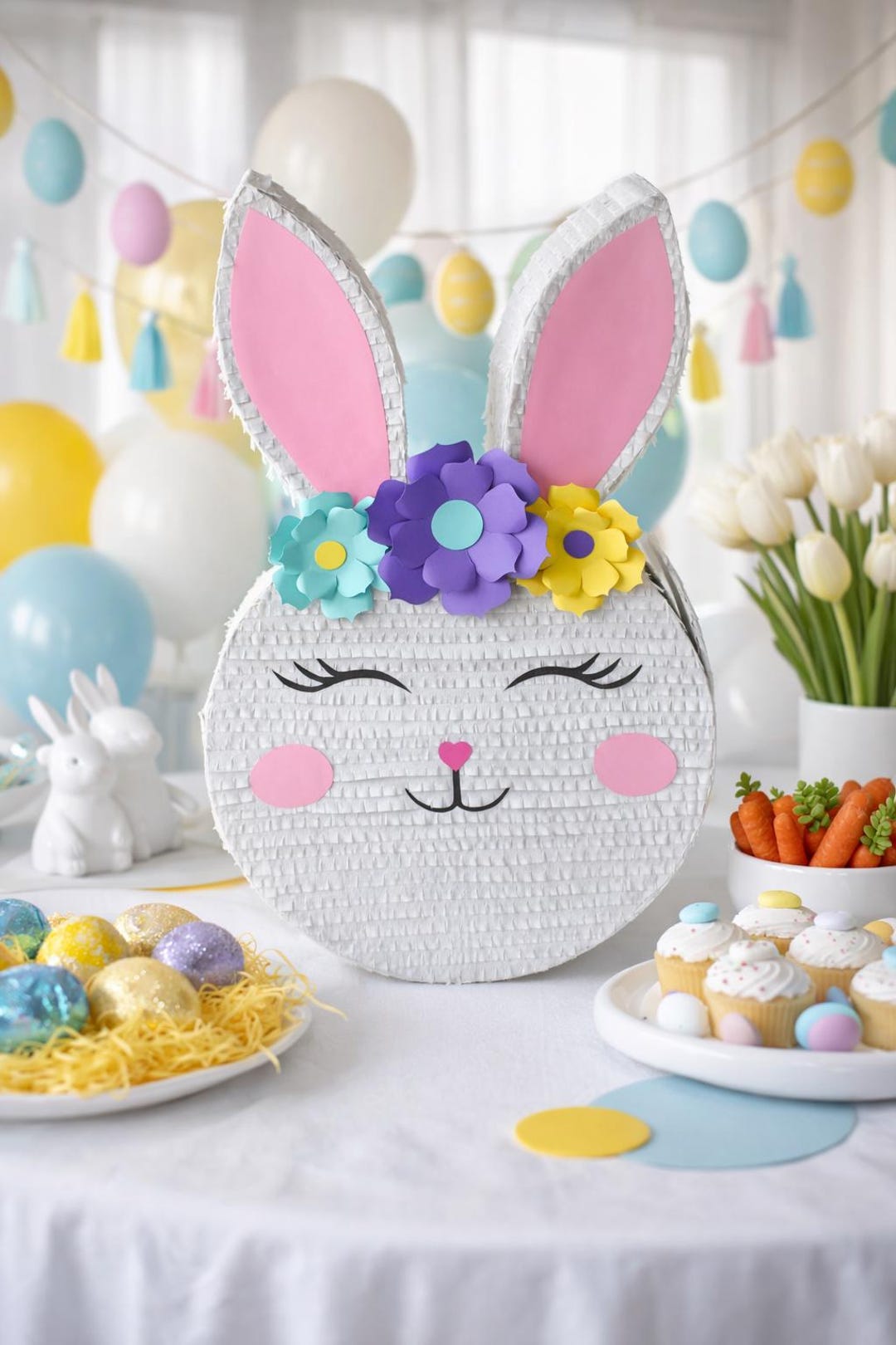 Easter Bunny Head Pinata: Floral Crown, Pull Strings, Party Game ...