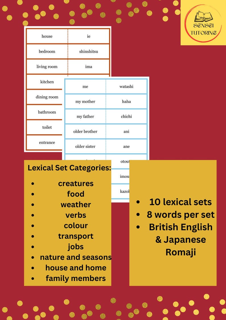 Japanese Romaji Learning Flashcards • 80 Words in 10 Lexical Sets • for ...