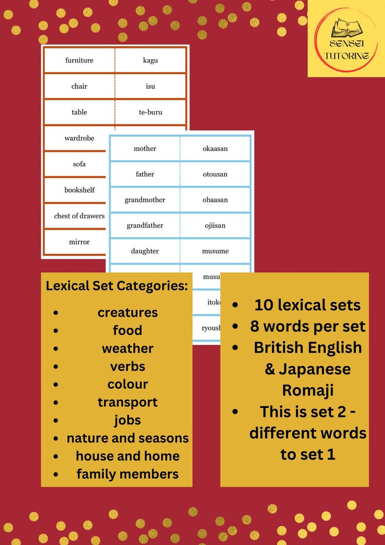 Set 2 Japanese Romaji Flashcards • 80 Words in 10 Lexical Sets • for ...