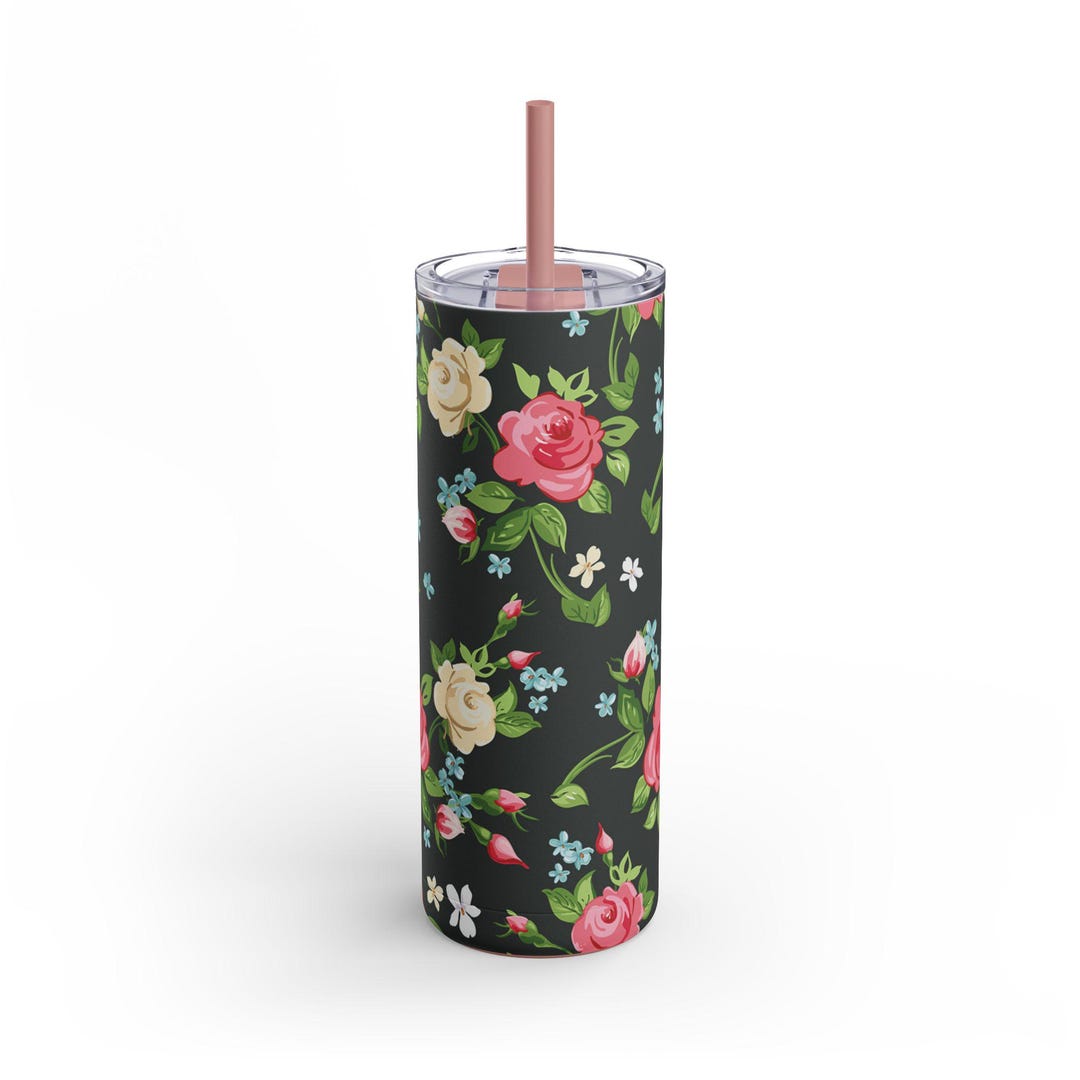 Retro Rose Skinny Matte Tumbler, Floral Travel Cup, Flower Pattern ...