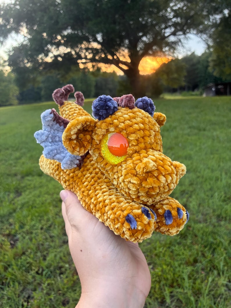 Baby Dragon, Golden, Laying Down, Handmade Crochet Fantasy Stuffed Toy ...