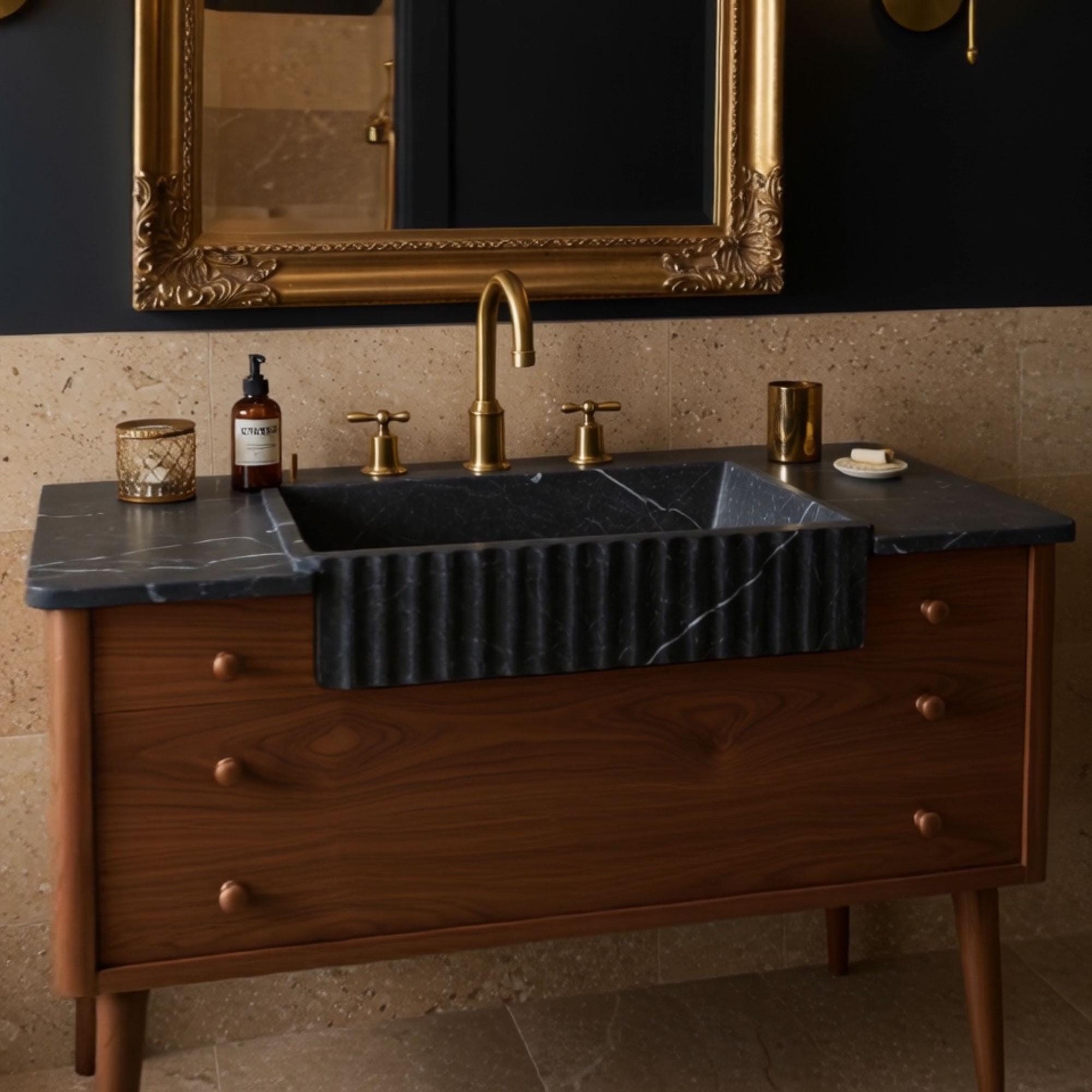 Moderno Nero: Solid Marble Sink With Mid-century Oak Vanity M1F030 - Etsy