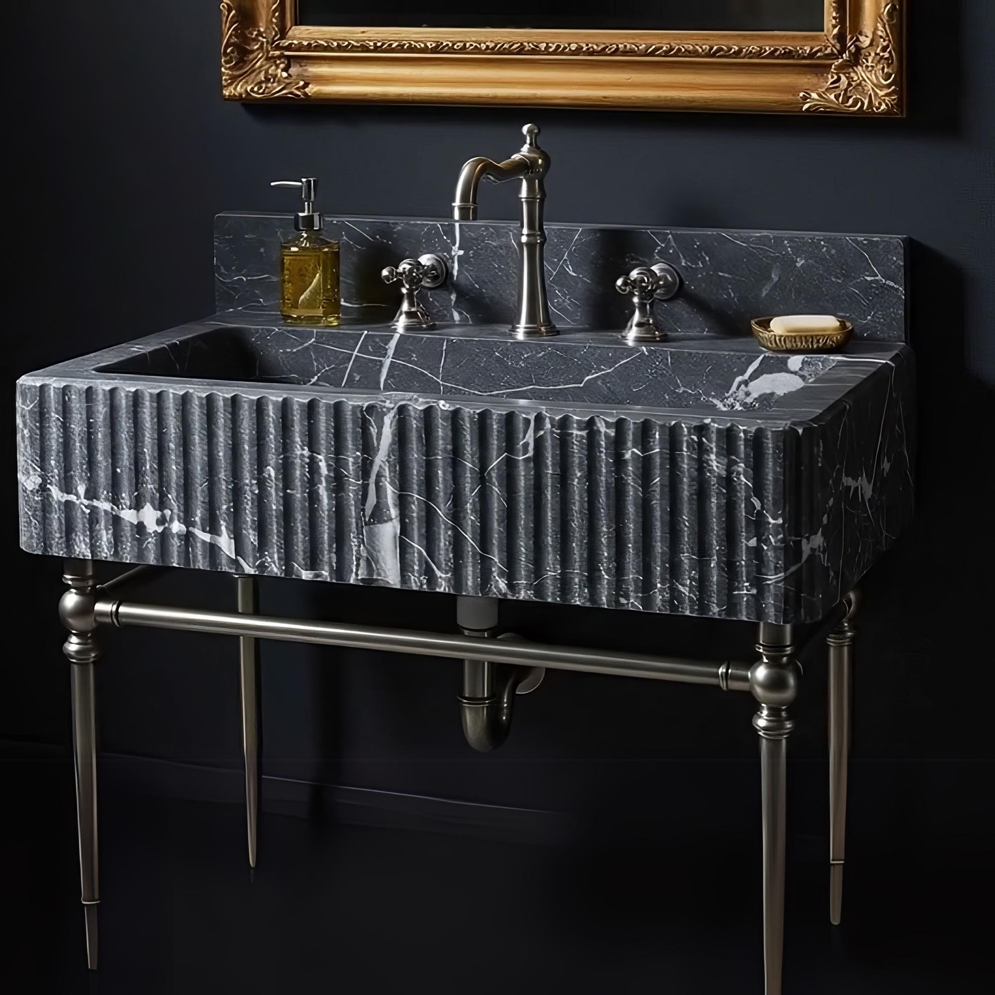 Fluted Black Marble Vanity Sink – Custom Bathroom Basin With Gold ...