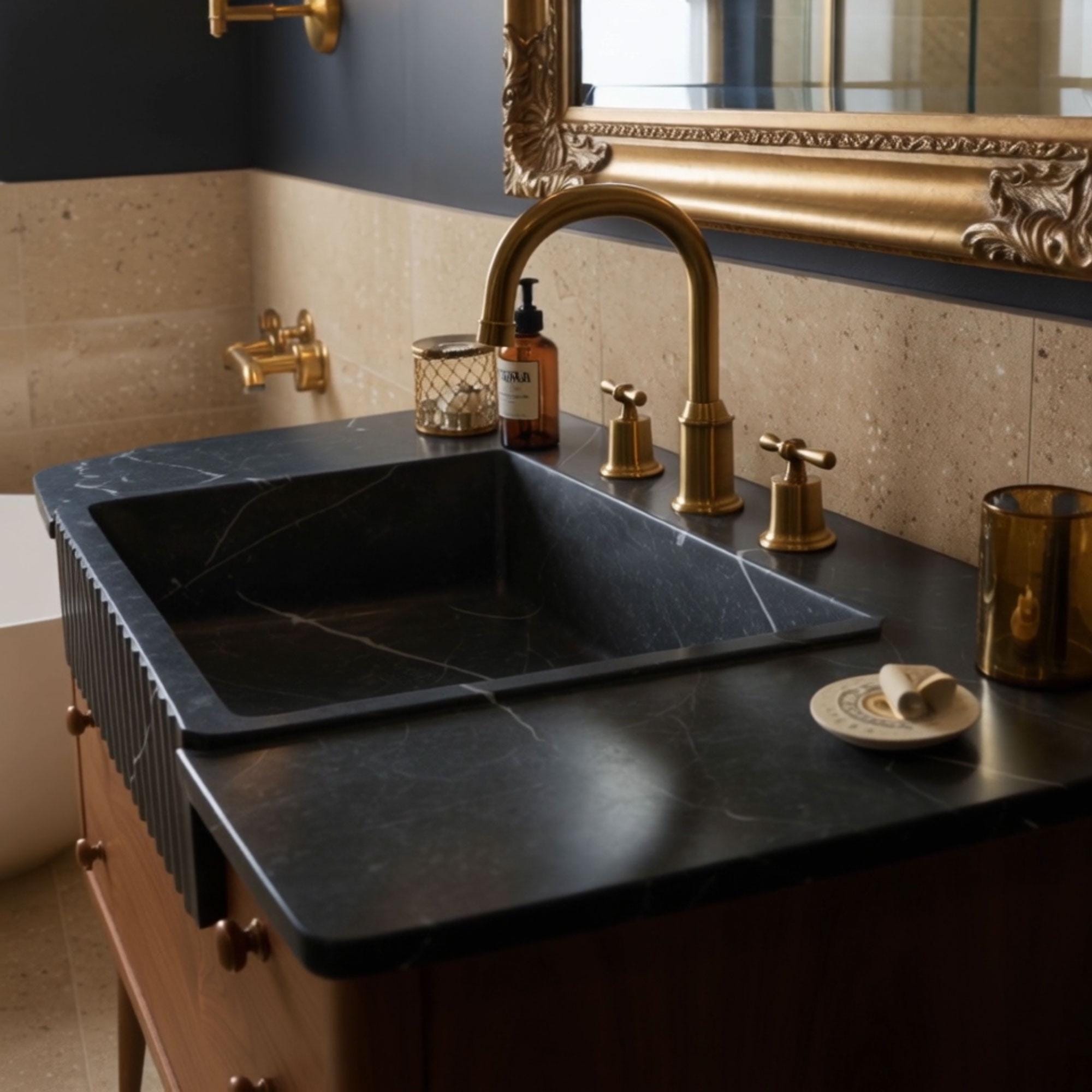 Moderno Nero: Solid Marble Sink With Mid-century Oak Vanity M1F030 - Etsy