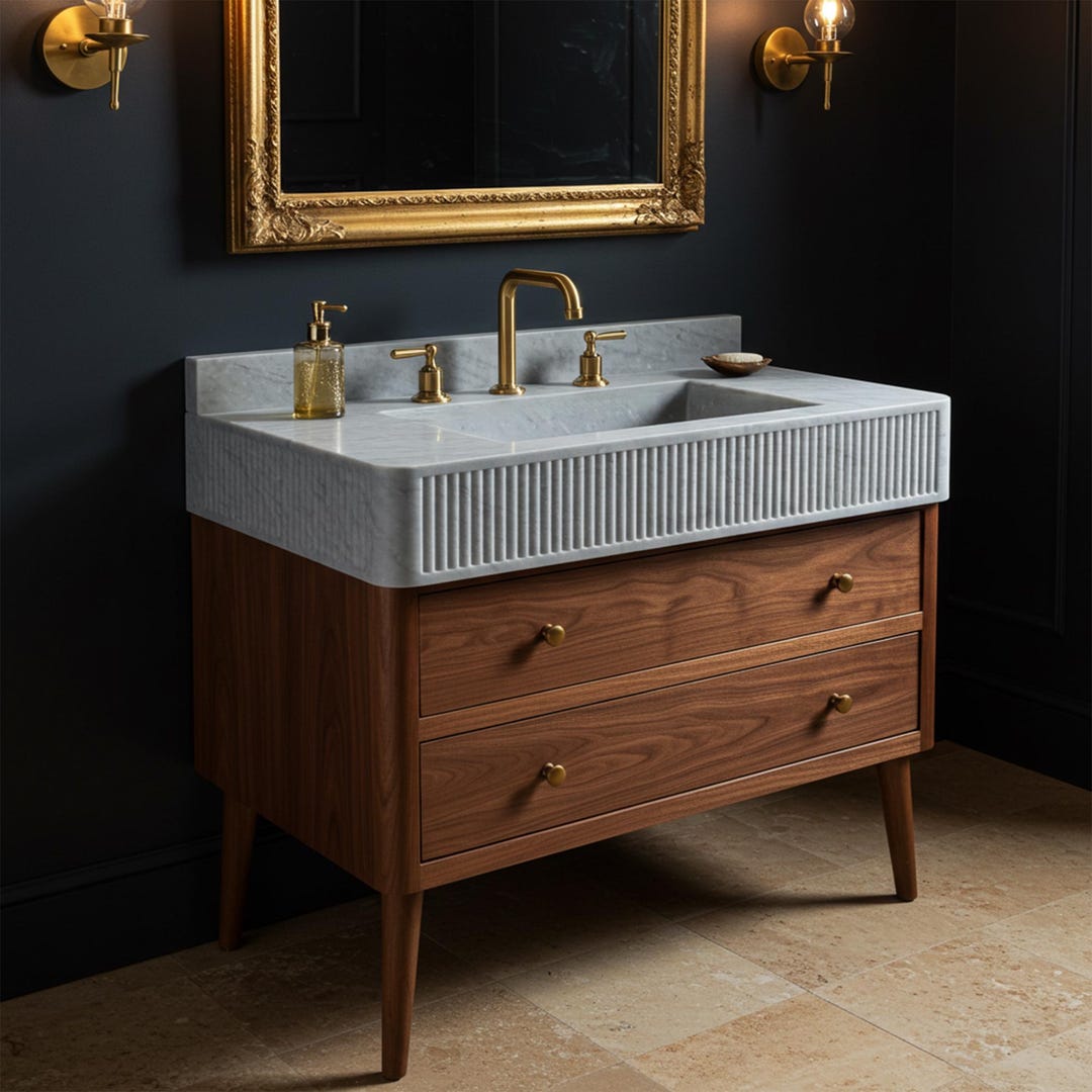 Fluted Carrara Marble Sink & Oak Vanity Set – Luxury Bathroom Ensemble ...