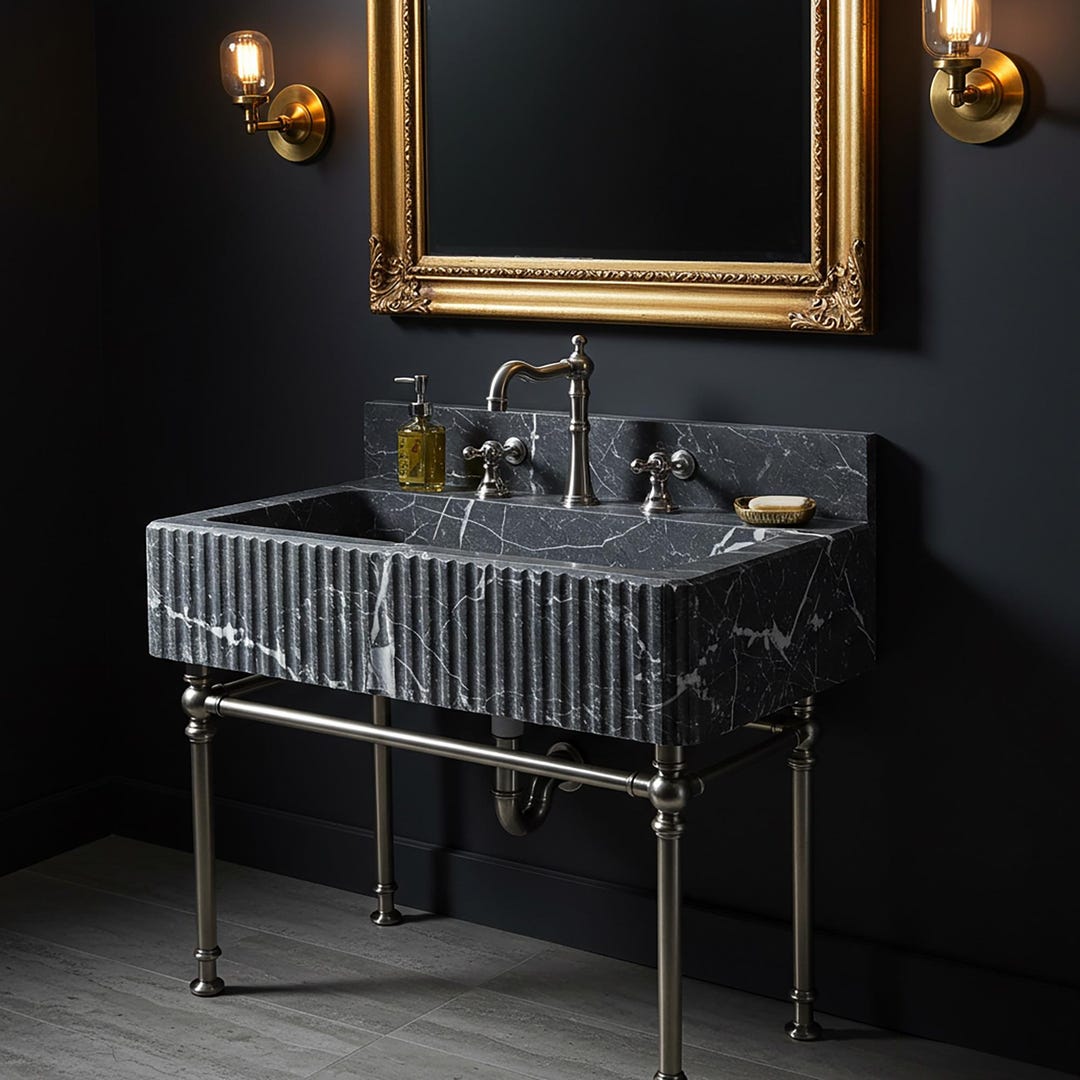 Fluted Black Marble Vanity Sink – Custom Bathroom Basin With Gold ...