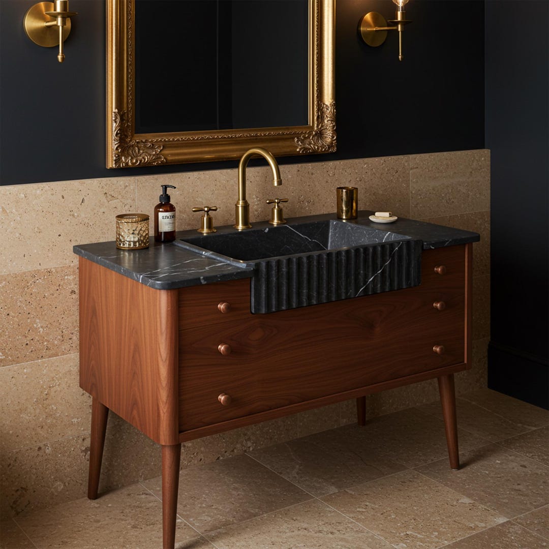 Moderno Nero: Solid Marble Sink With Mid-century Oak Vanity M1F030 - Etsy