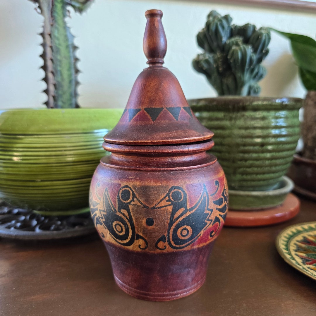 Hand Turned Ethnic Tribal Wooden Hand Painted Jar With Birds - Etsy