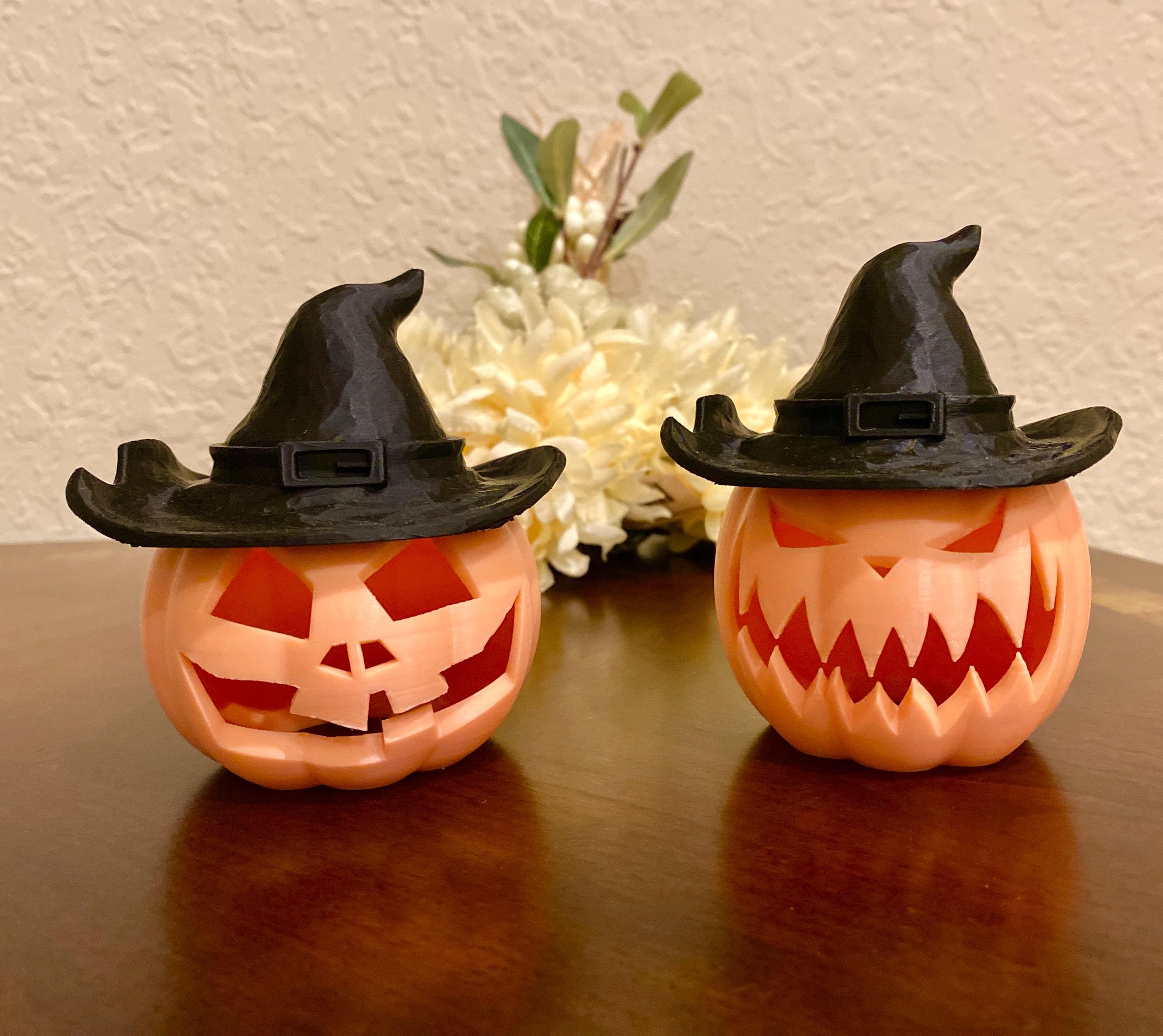 Set of 2 Halloween Pumpkins Jack-o-lanterns With Witch Hat - 3D Printed ...