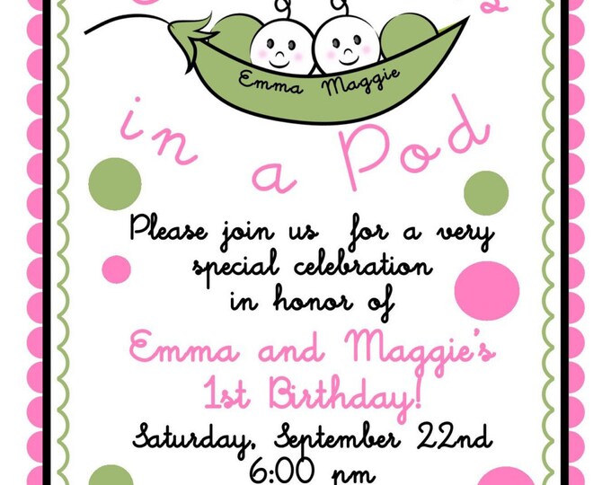 Personalized Birthday Invitations, Twins, Pea Pod, CUSTOM COLOR, Baby ...