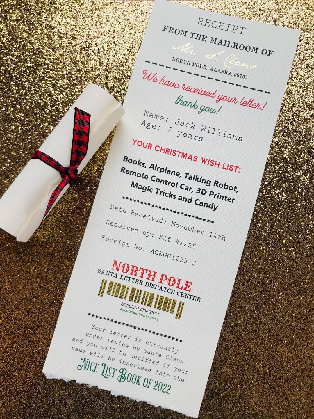 Santa Letter Receipt - GOLD Printed Santa Receipt - Santa Claus Nice ...
