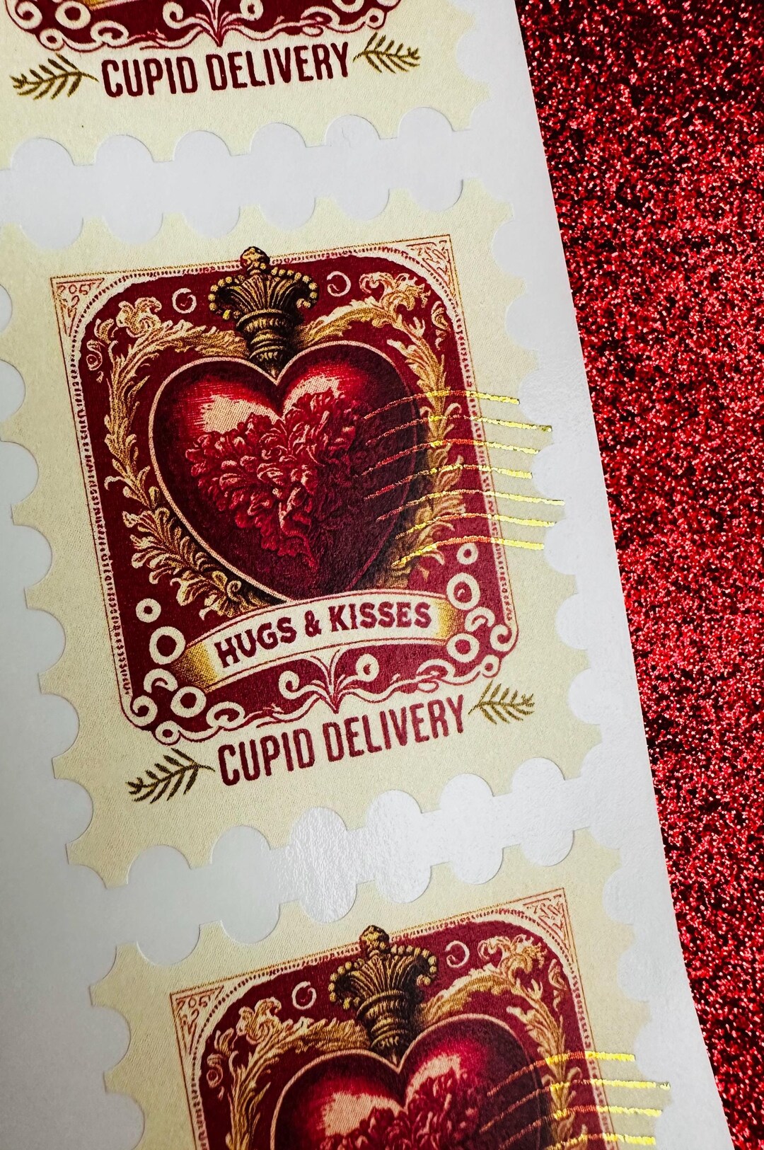 Valentines Day Stamp Sticker, Gold Heart Stamp Gift Sticker, Love ...