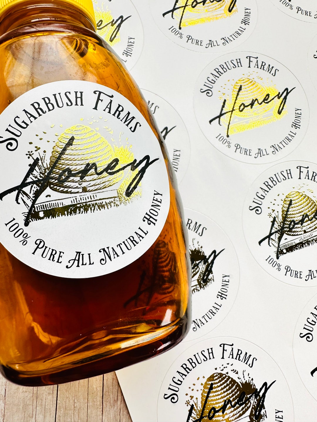 WATERPROOF Honey Labels, GOLD Honey Jar Stickers, Beehive Honey Labels ...