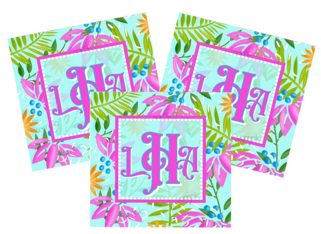 Preppy Tropical Gift Labels, Tropical Floral Gift Stickers, Monogram ...