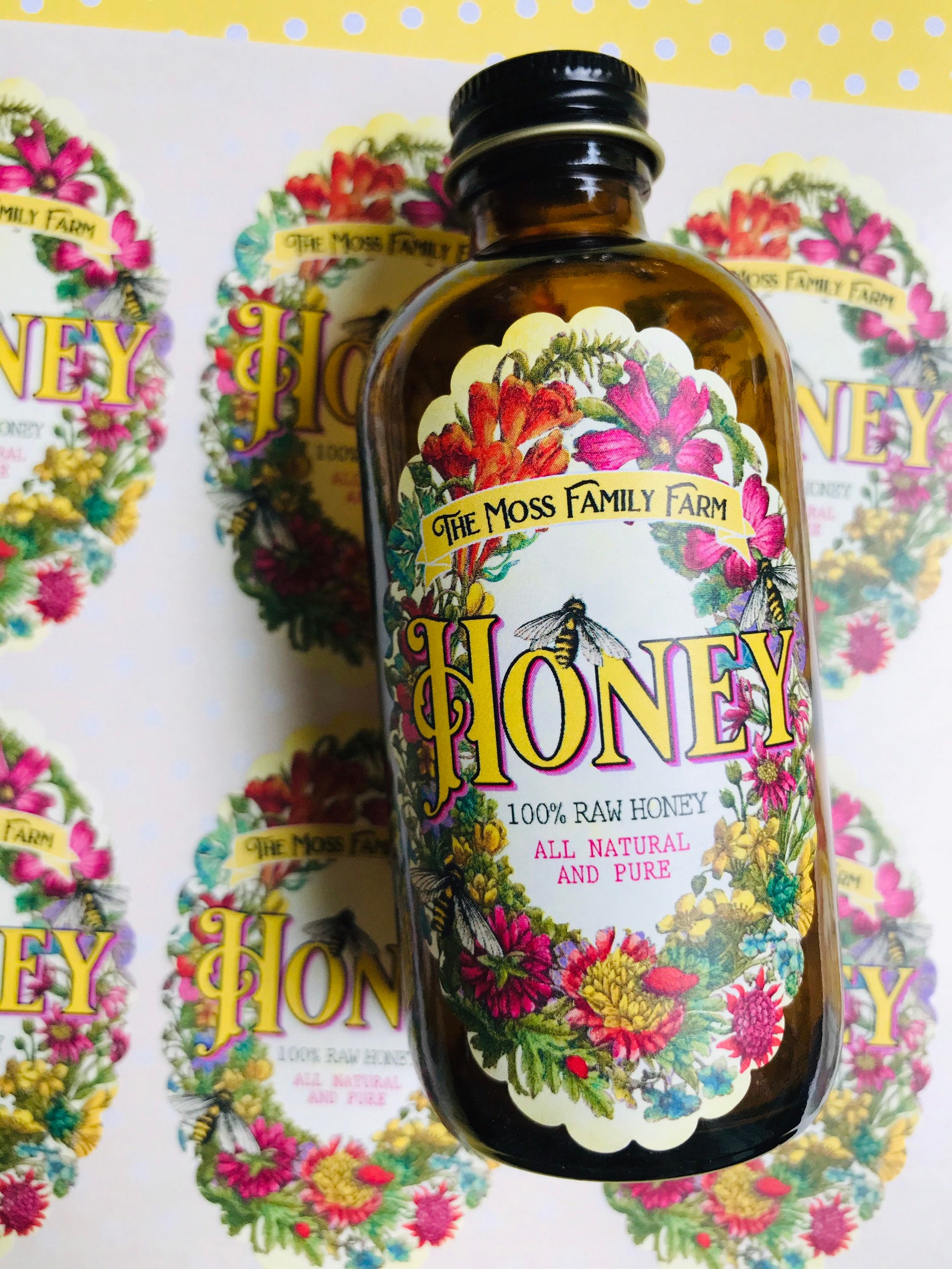 Custom Honey Labels, Honey Stickers, Raw Honey Bottle Labels, Floral ...