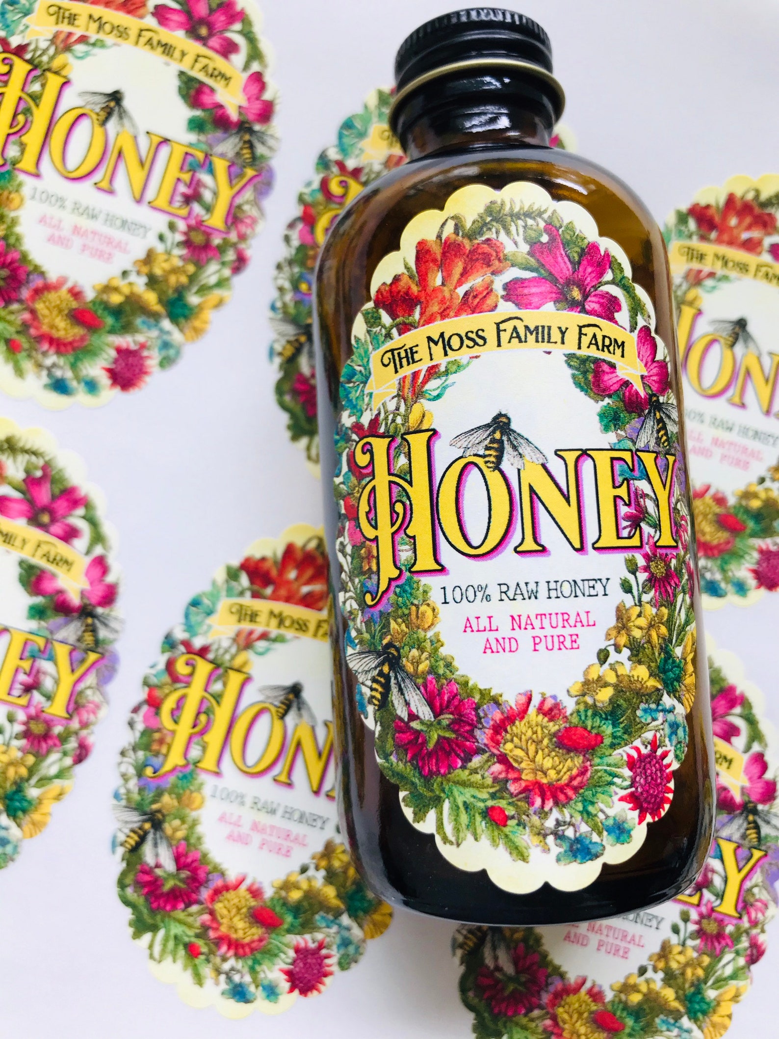Custom Honey Labels, Honey Stickers, Raw Honey Bottle Labels, Floral ...
