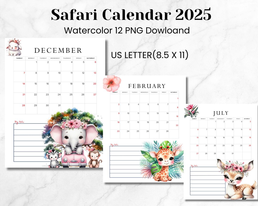 2025 Printable Calendar Watercolor Safari Animals Themed, Monthly ...