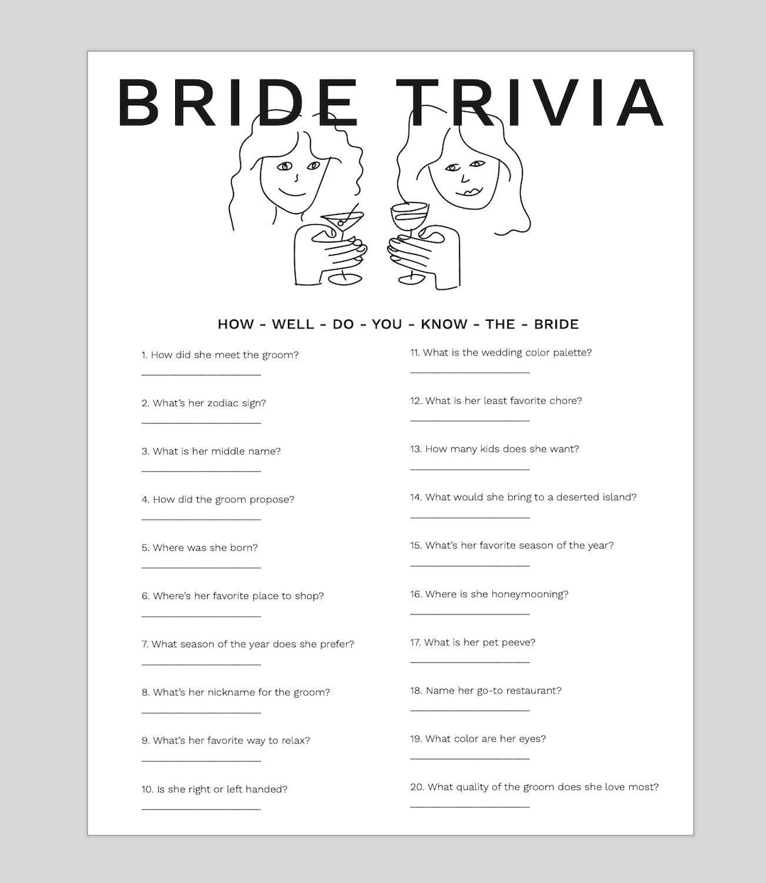 Bride Trivia - Who Knows the Bride Best - Bridal Shower & Bachelorette ...