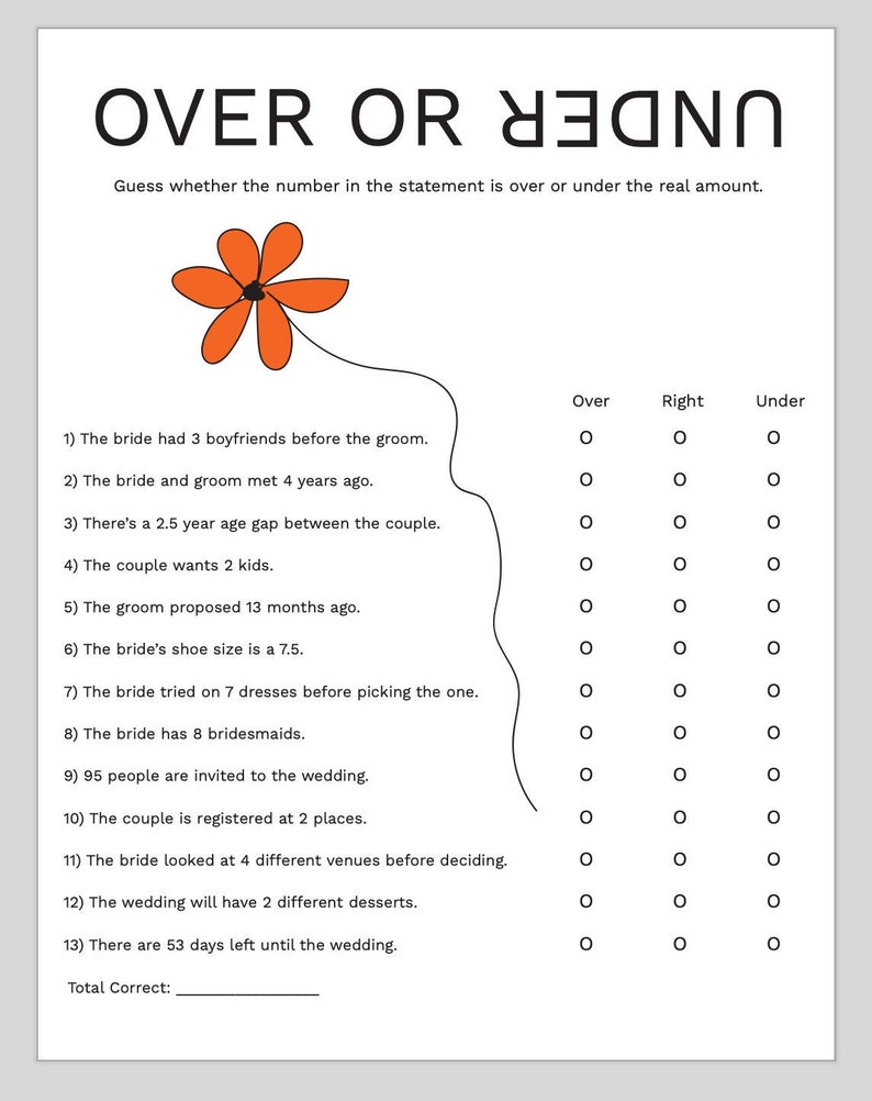 Bridal Shower Game | Over or Under | Who Knows Bride Best | Bridal ...