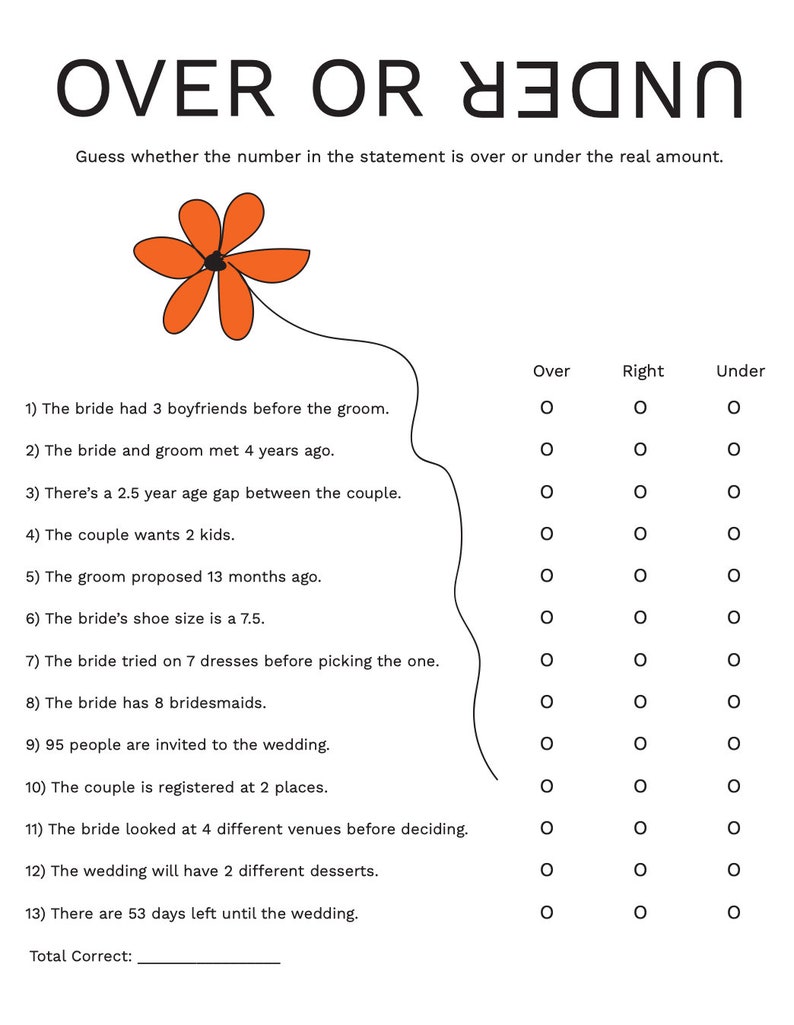 Bridal Shower Game | Over or Under | Who Knows Bride Best | Bridal ...