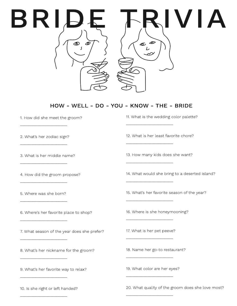 Bride Trivia - Who Knows the Bride Best - Bridal Shower & Bachelorette ...