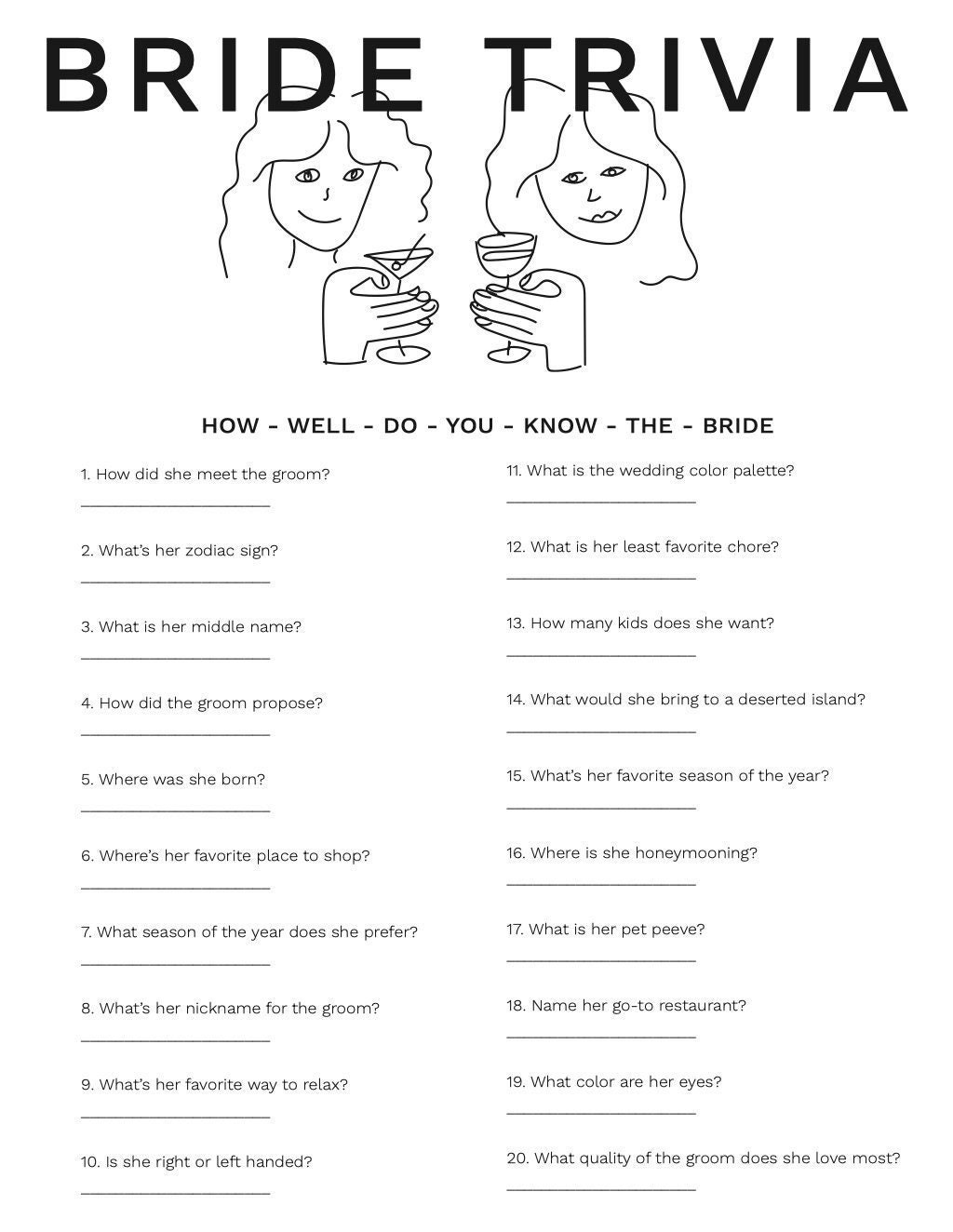 Bride Trivia - Who Knows the Bride Best - Bridal Shower & Bachelorette ...