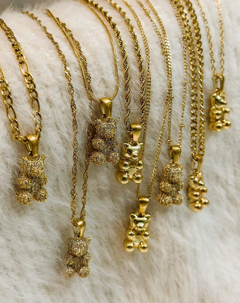 18K Gold Filled Bear Necklace, Crystal Solid Bear Pendant Necklace ...