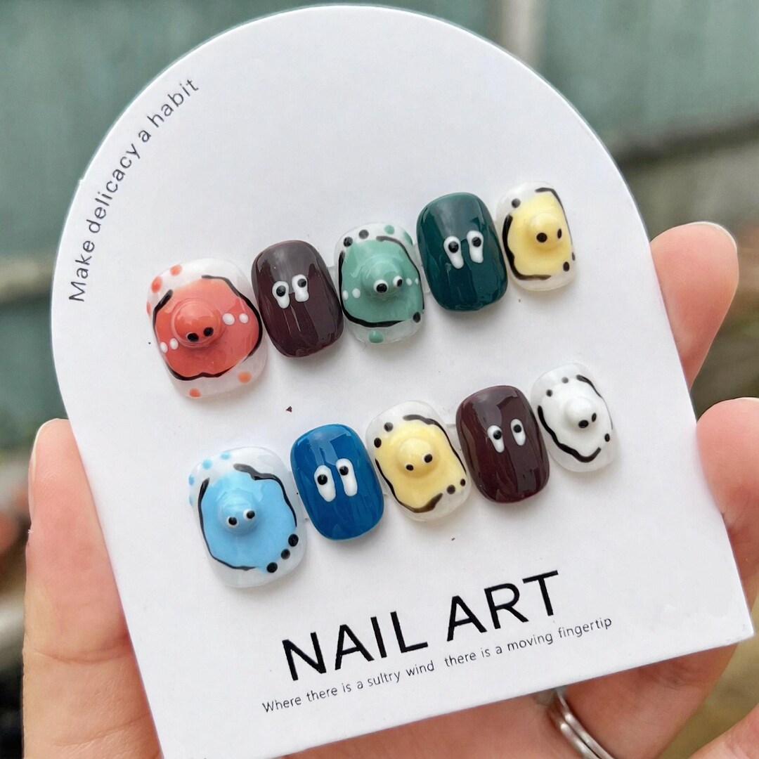 Cartoon Doodle Press on Nails: Fun 3D Blob Design With Glue - Etsy