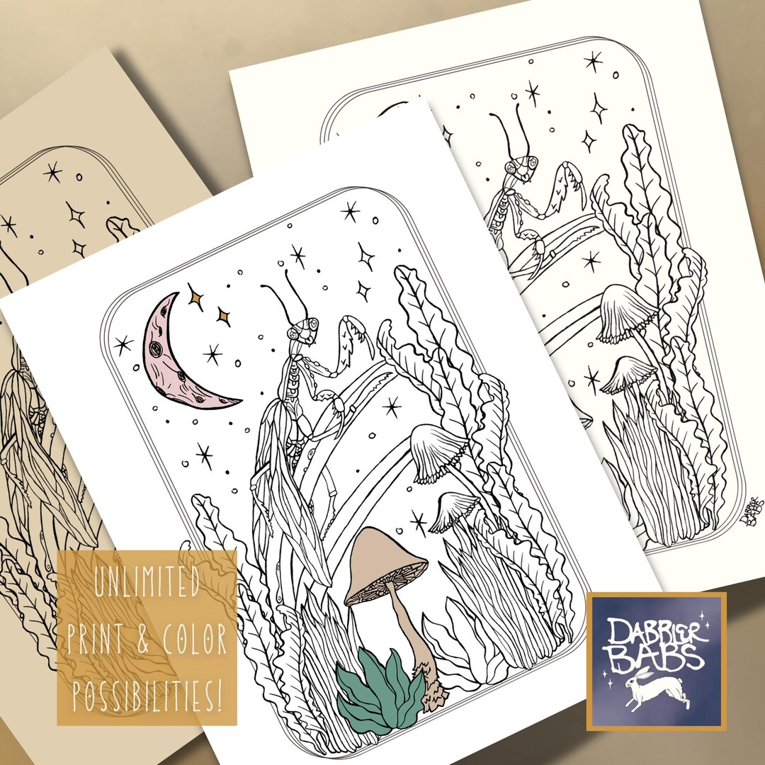 Moon Mantis | Hand-drawn Coloring Page | Praying Mantis Illustration ...