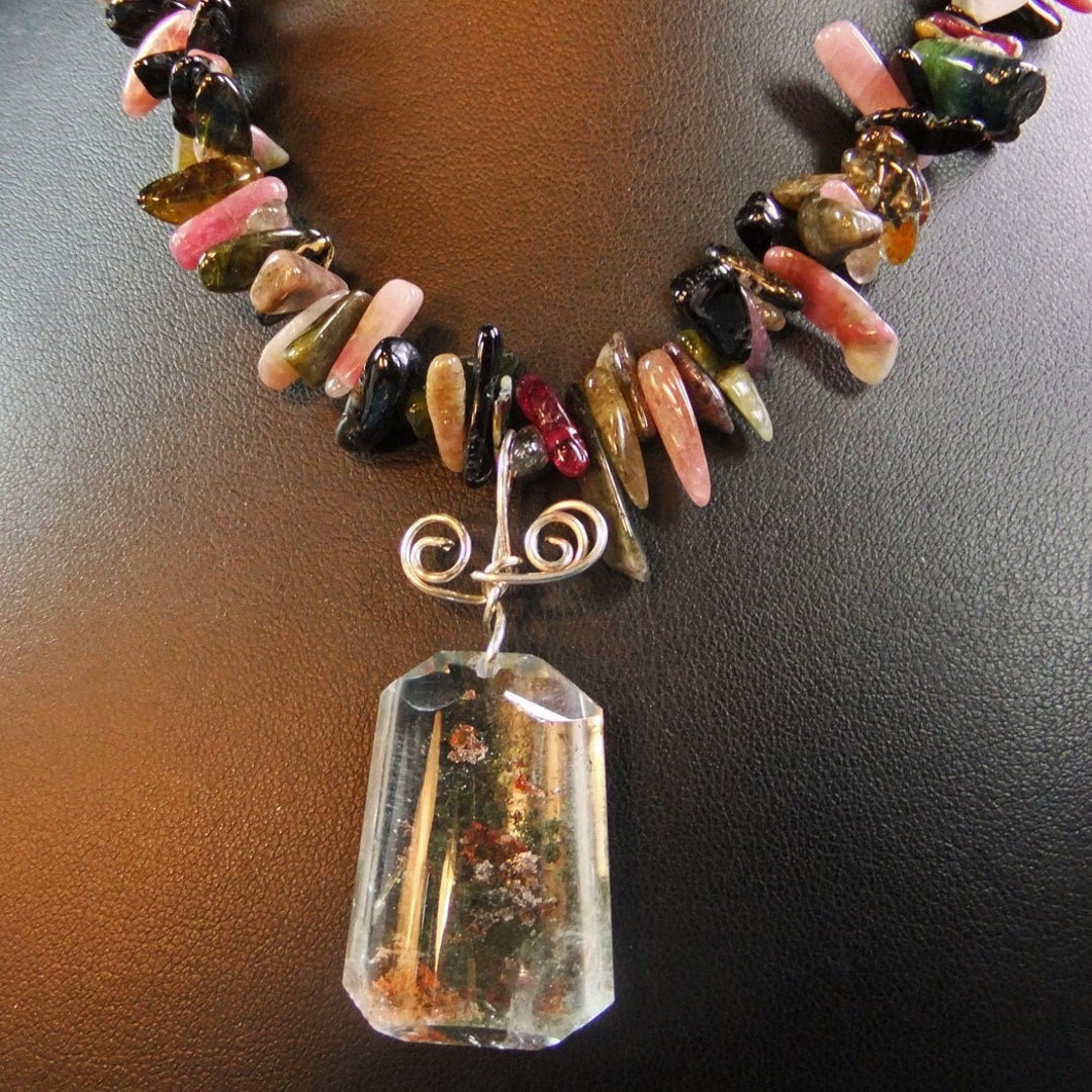 Quartz Pentant With Mineral Inclusions, Silver Wire Multicolored Stone ...