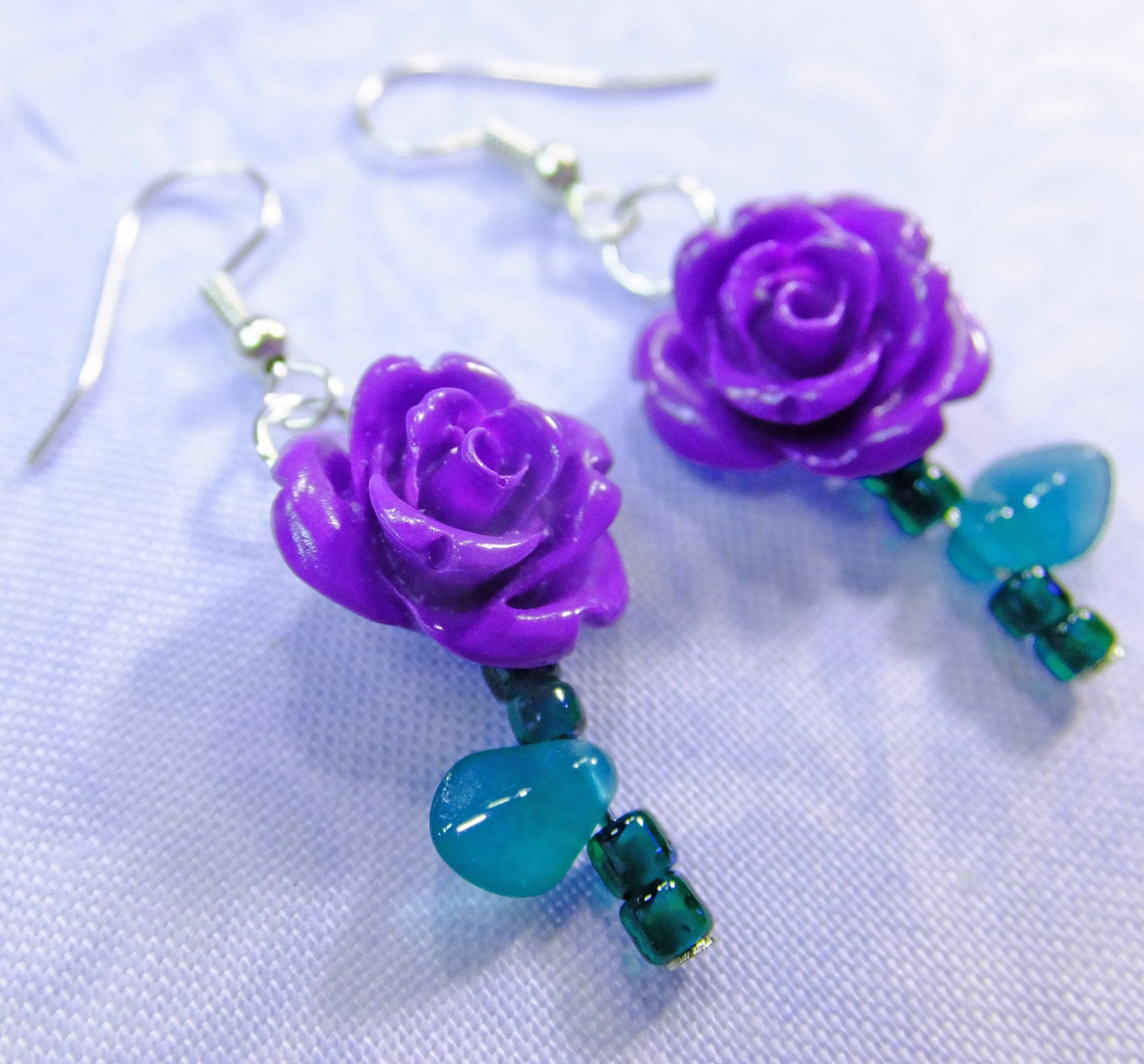 Deep Purple Roses Earrings Resin Rose Beads With Tiny Green Leaf Beads ...