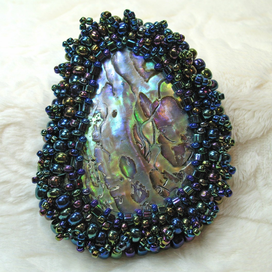 Abalone Shell Bead Embroidered Brooch OOAK Blue Purple Green - Etsy