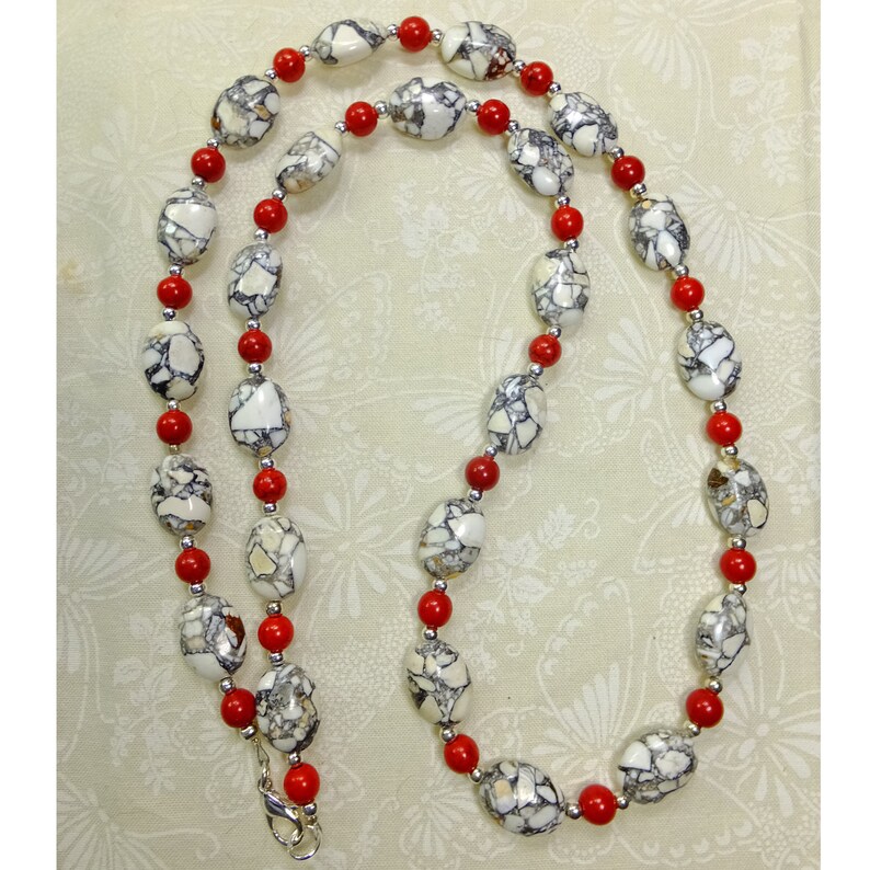 Black, Gray and White and Yellow Mosaic Stone Beads With Red Stone ...
