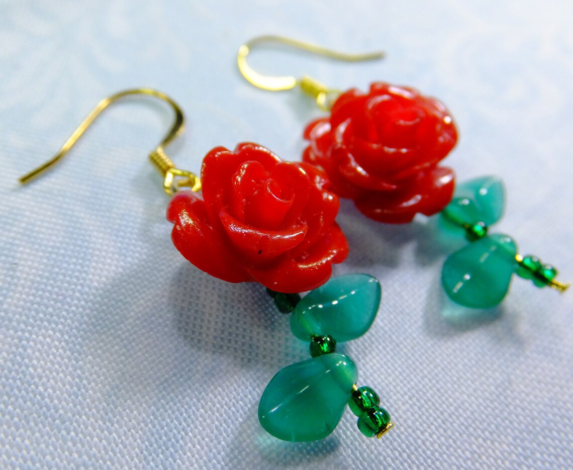 Romantic Red Roses Earrings Blood Red Resin Rose Beads With - Etsy