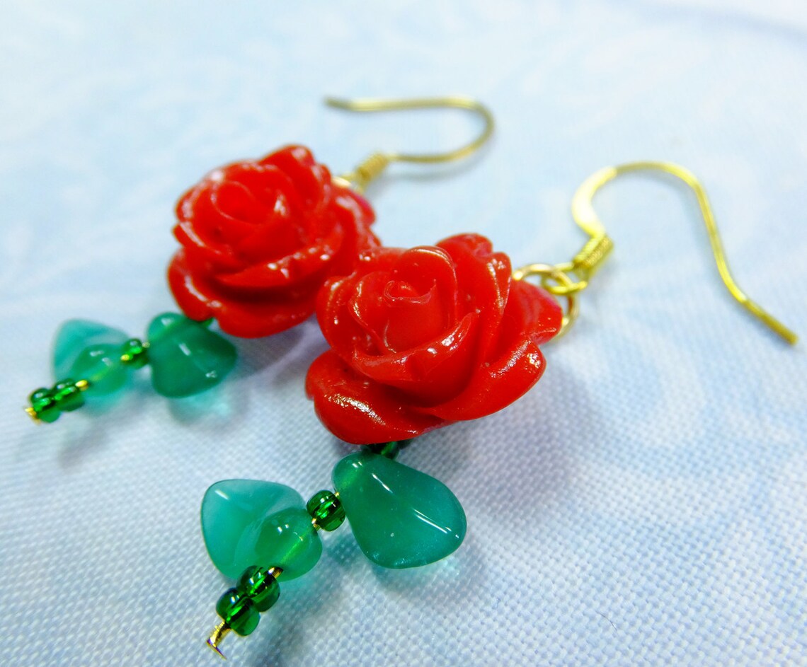 Romantic Red Roses Earrings Blood Red Resin Rose Beads With - Etsy