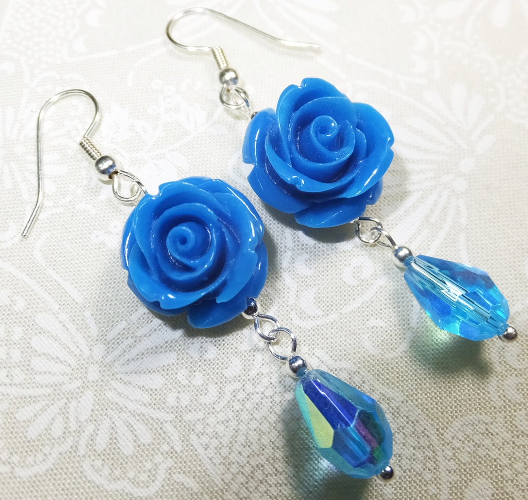 Blue Resin Roses With Teardrop Glass Crystals Dangle Earrings - Etsy
