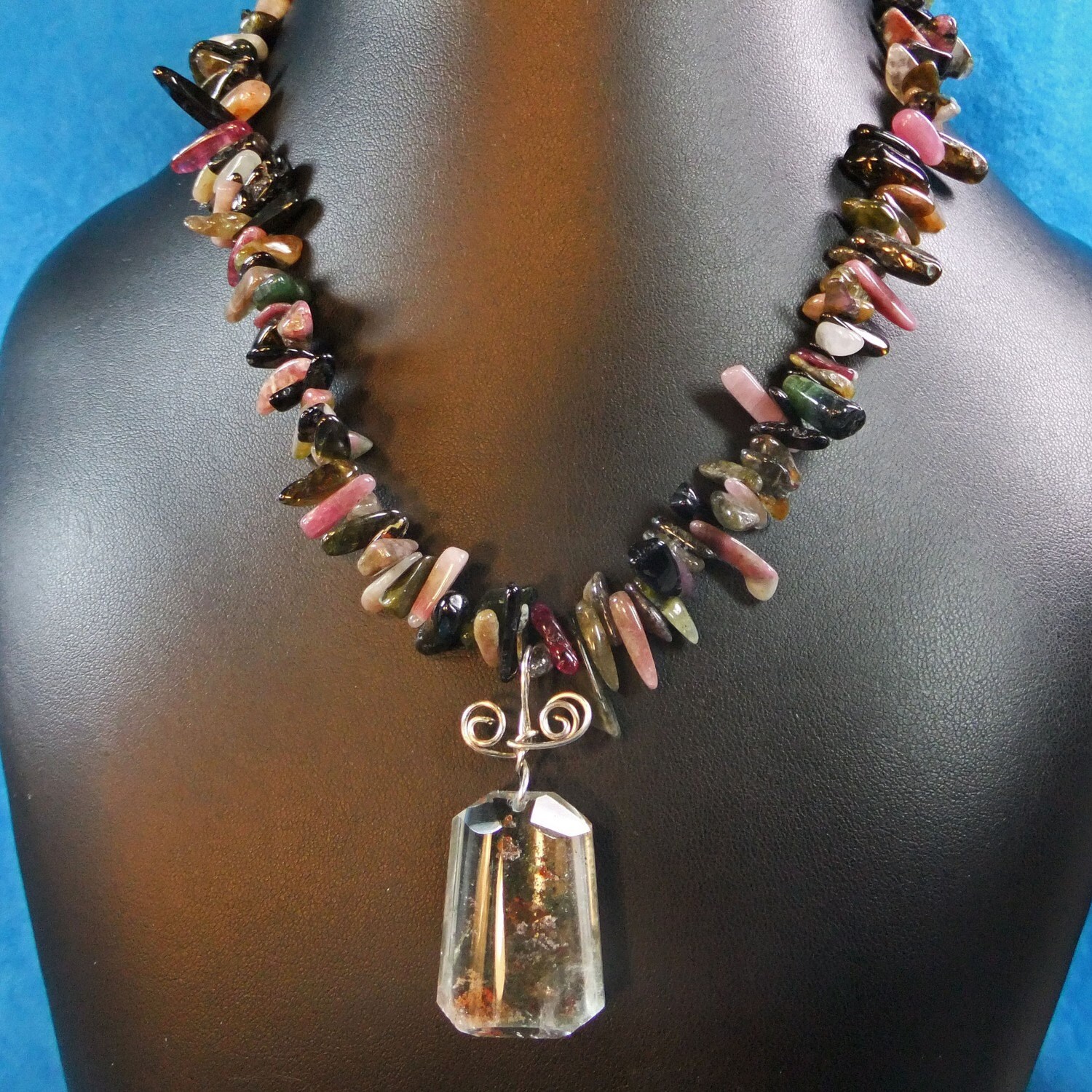 Quartz Pentant With Mineral Inclusions, Silver Wire Multicolored Stone ...