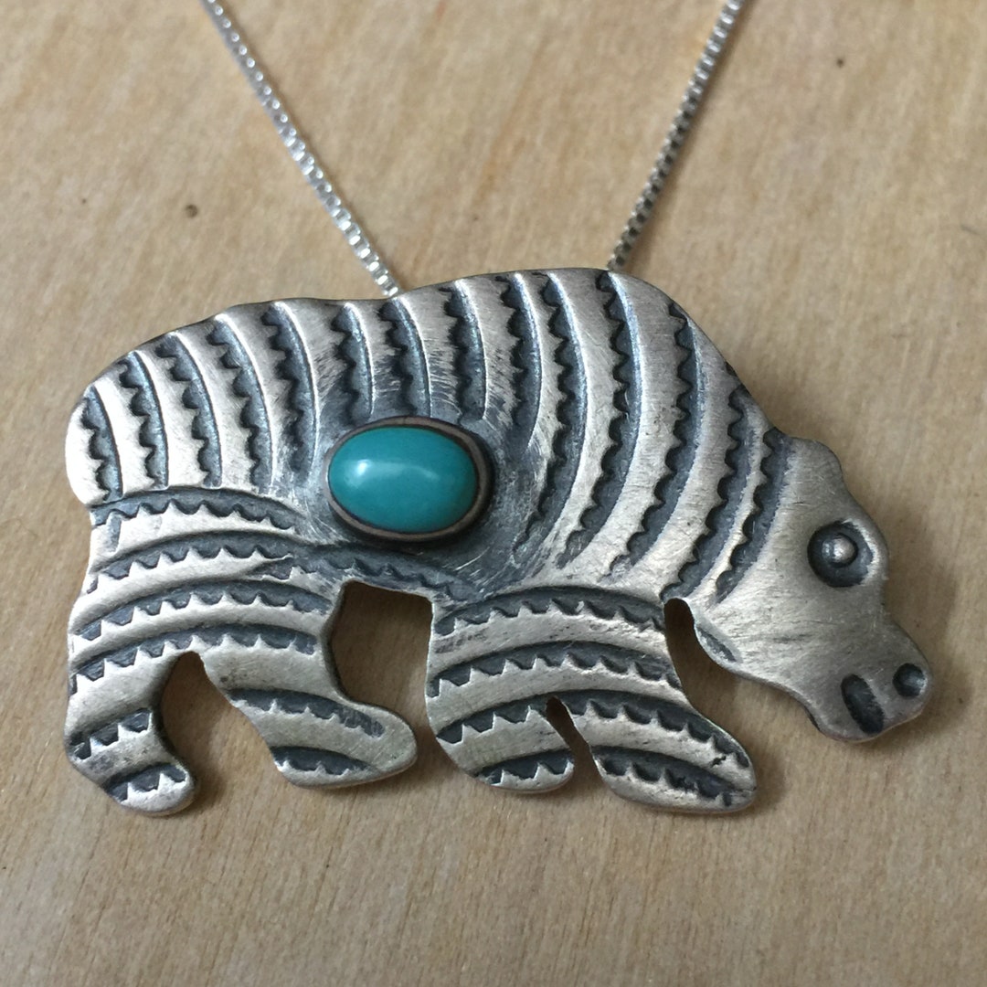 Small Silver BEAR NECKLACE, TURQUOISE Set in Sterling, Navajo Native ...