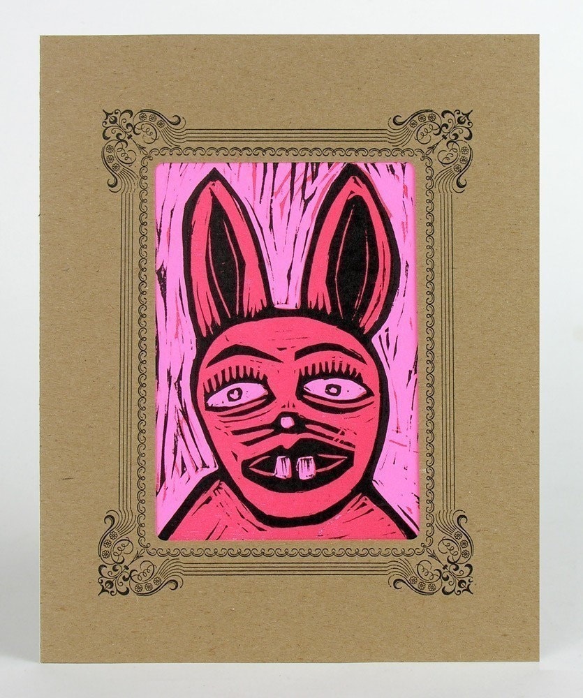Bucktooth BUNNY WOODCUT Letterpress PRINT in a Kraft Vignette - Etsy