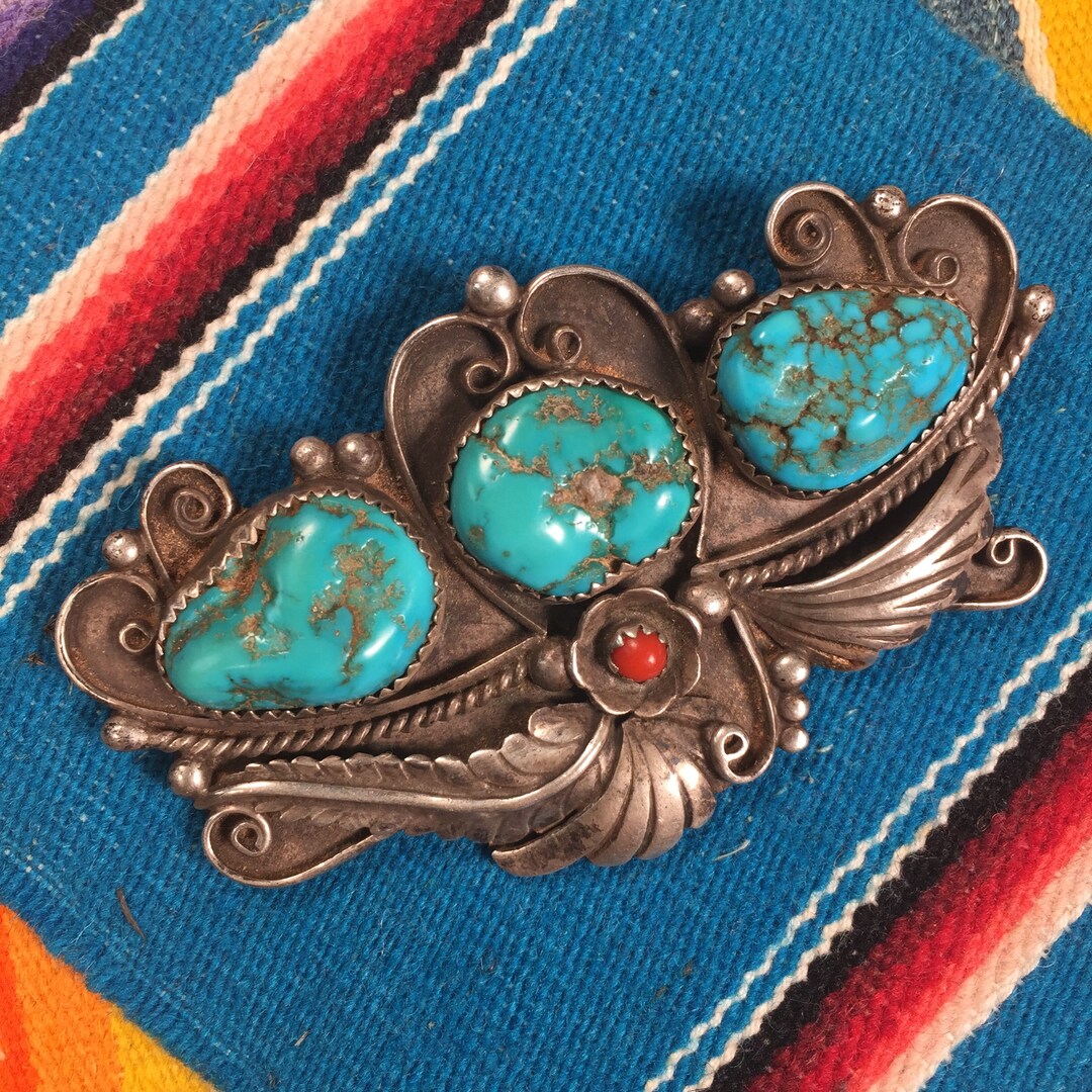 Large NAVAJO Brooch TURQUOISE 1960's Unique VINTAGE Pin Native American ...
