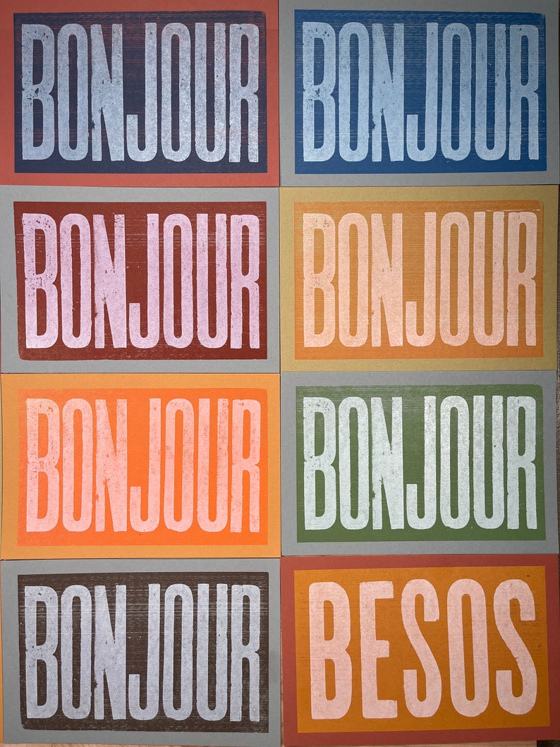 4 BONJOUR CARDS French Print Paris Decor Hello Cards Letterpress Print ...