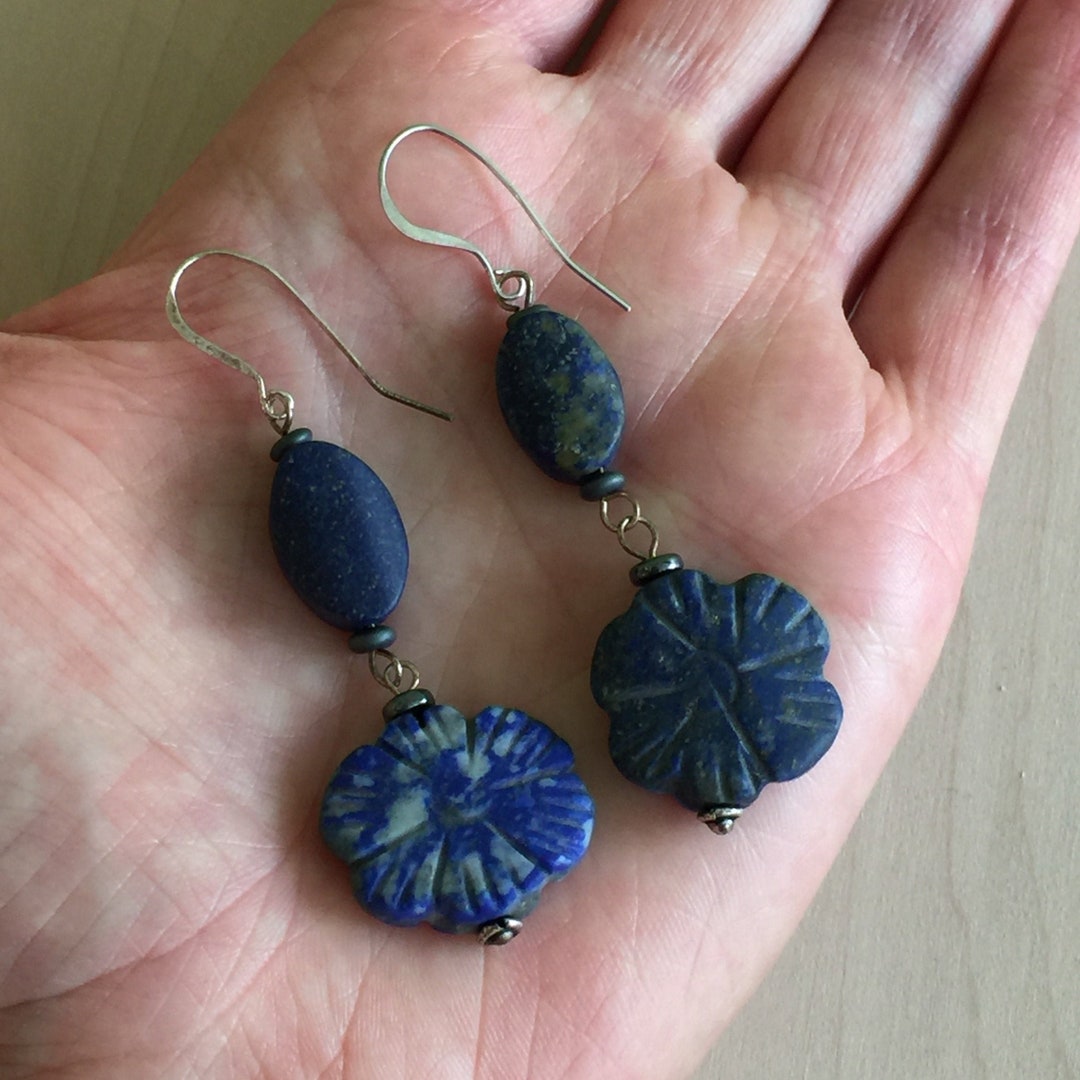 FLOWER EARRINGS Lapis Lazuli Drops With Sterling Silver Ear Wires One ...