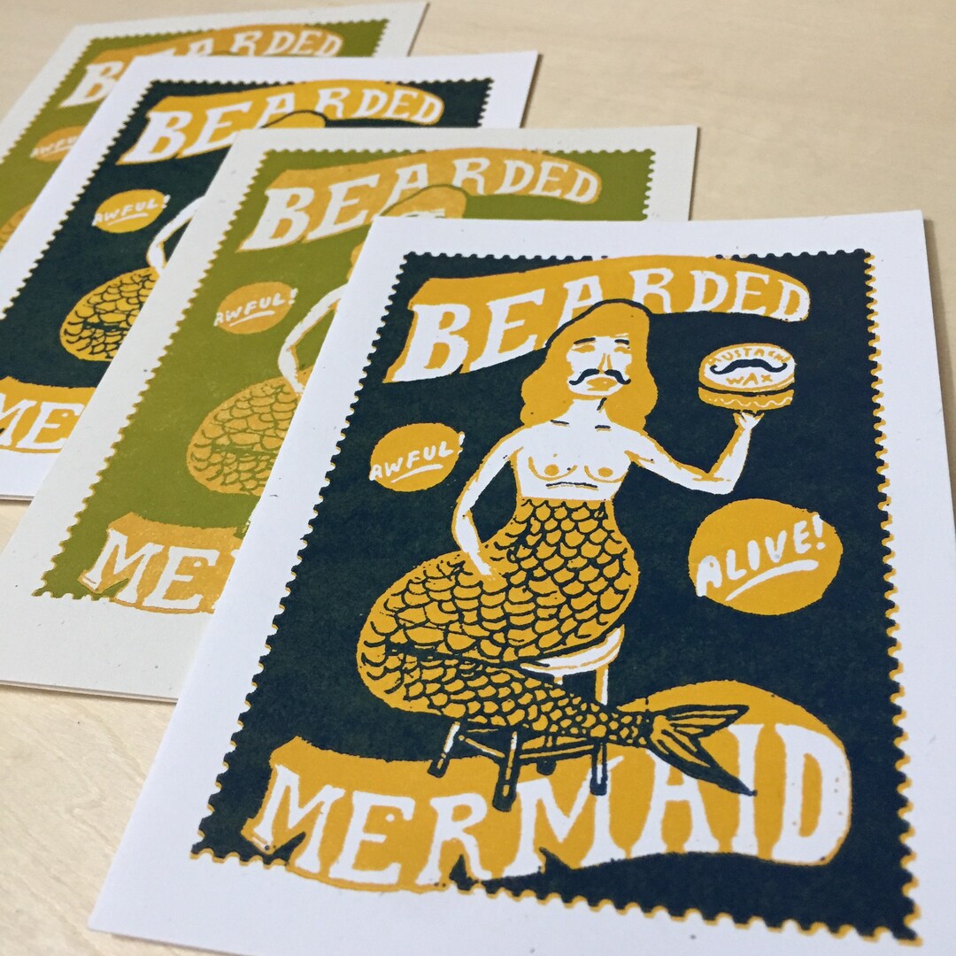 8 BEARDED MERMAID SIDESHOW Greeting Cards, Letterpress, Framable Art ...