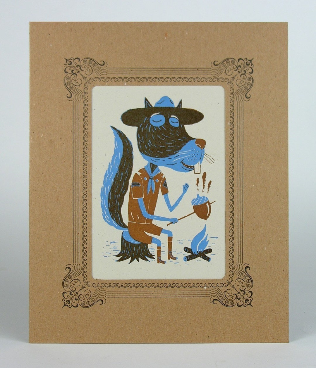 CAMPING SQUIRREL Jr Ranger in a Kraft VIGNETTE Hand Printed Letterpress ...
