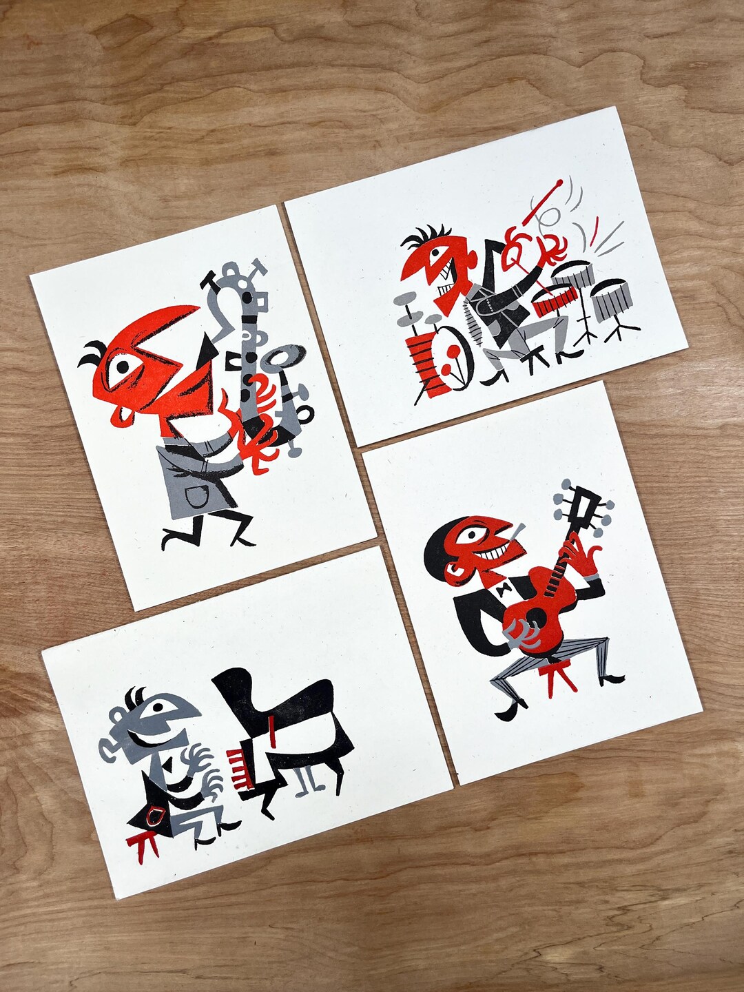 8 MCM JAZZ MUSICIANS Greeting Cards, Hand Printed Letterpress, Vintage ...