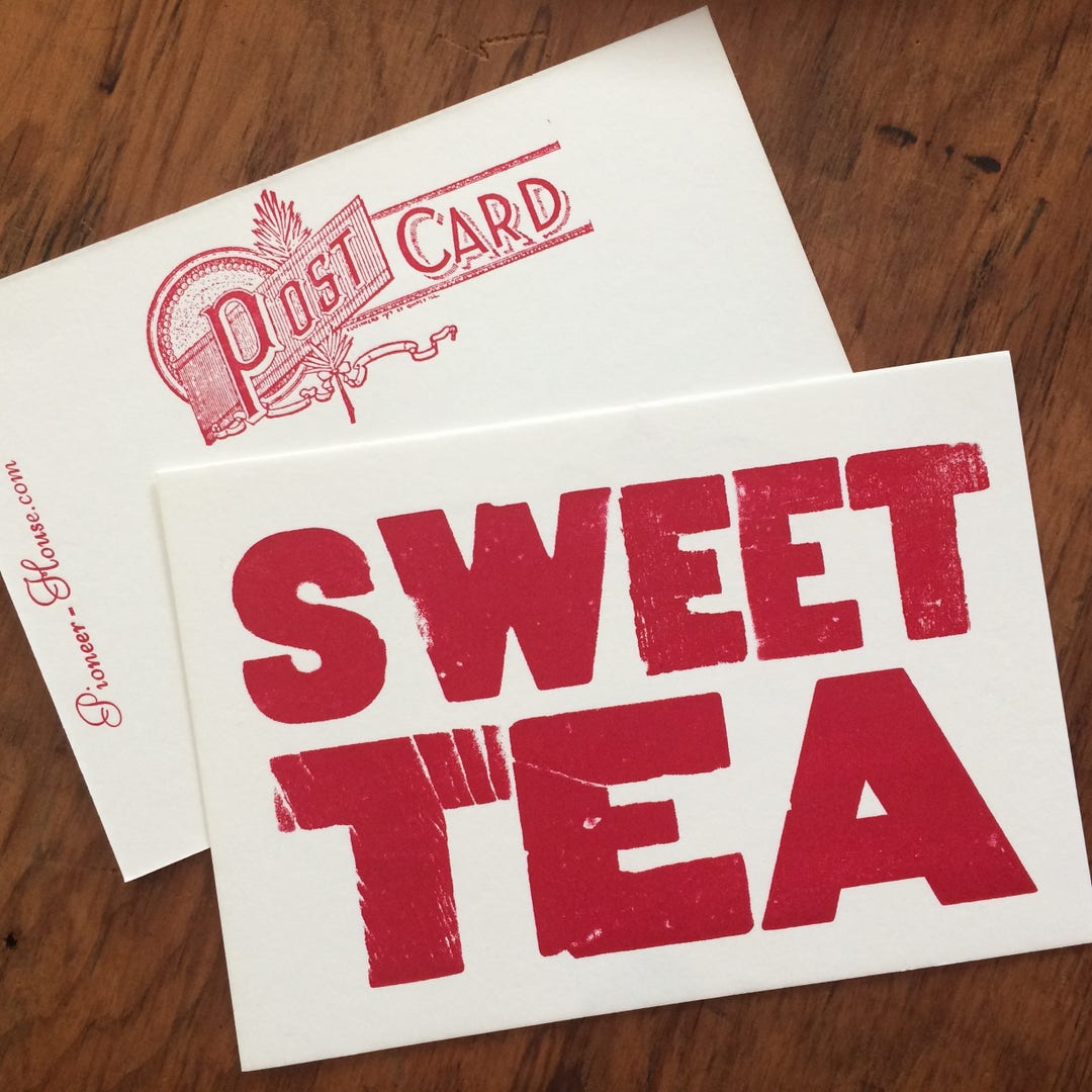6 SWEET TEA Red Hand Printed Letterpress Postcards Southern Art Iced ...