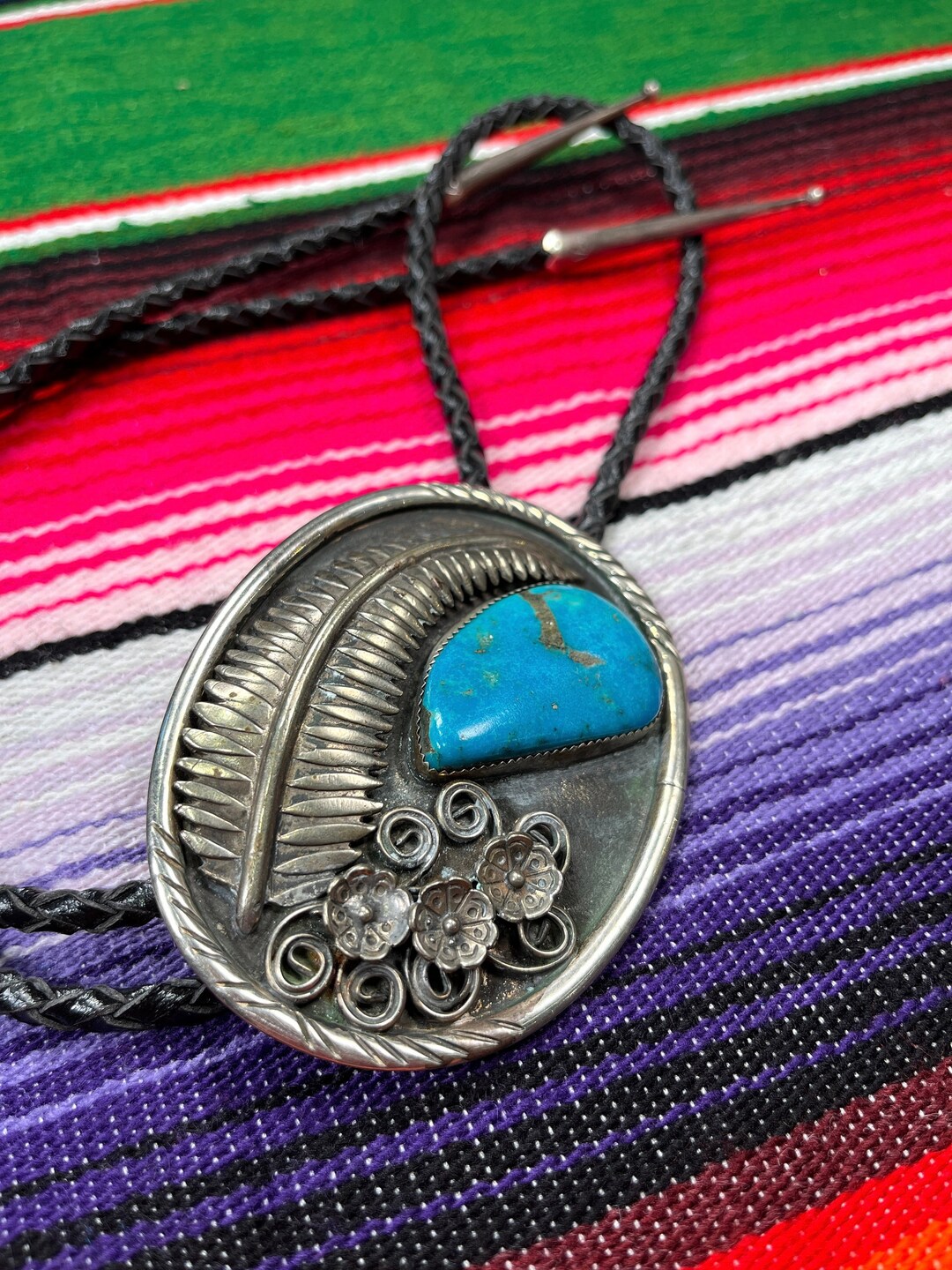 Large Turquoise BOLO Tie Fern Leaf Pattern Vintage Silver, Gift for Men ...